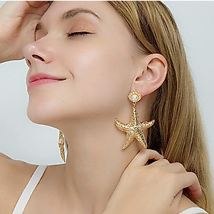 Anlagrace Halloween Gold Big Starfish Earrings with Pearl for Women Girls Boho Sea Star Earrings Gold Earrings Fashion Jewelry Casual Women Accessories for Prom Bridesmaids Beach Wedding Jewelry (gold)