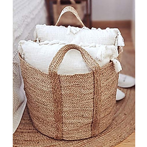 GooBloo Large Woven Storage Basket 100% Jute - 20” x 16” Tall Decorative Jute Rope Basket for Living Room, Toys or Blankets - Wicker Baskets with Handles - Handmade Natural Laundry Hamper