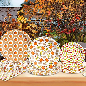 60Pcs Fall Plates and Napkins-Autumn Party Supplies Little Pumpkin Maple Leaf Dinnerware Kit for Thanksgiving,Birthday,Baby Shower