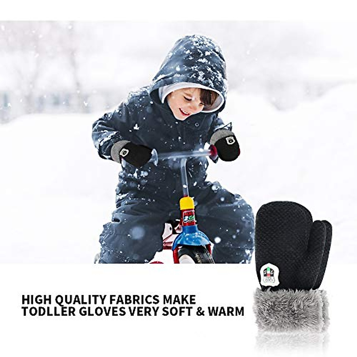 ORVINNER 3 Pairs Toddler Gloves Baby Boys Girls Winter Warm Sherpa Lined Knit Gloves Kids Mittens Black/Grey/Navy Pack