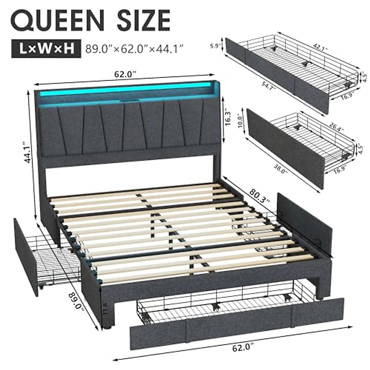 LED Queen Size Bed Frame with Storage Headboard and Charging Station,Upholstered Platform Bed with 3 Storage Drawers,Queen Bed Frame with LED Lights,No Box Spring,Noise-Free,Charcoal Gray