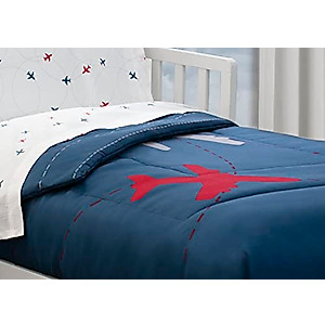 Delta Children 4 Piece Toddler Bedding Set for Boys - Reversible 2-in-1 Comforter - Includes Fitted Comforter to Keep Little Ones Snug, Bottom Sheet, Top Sheet, Pillow Case - Airplane Flight Plan