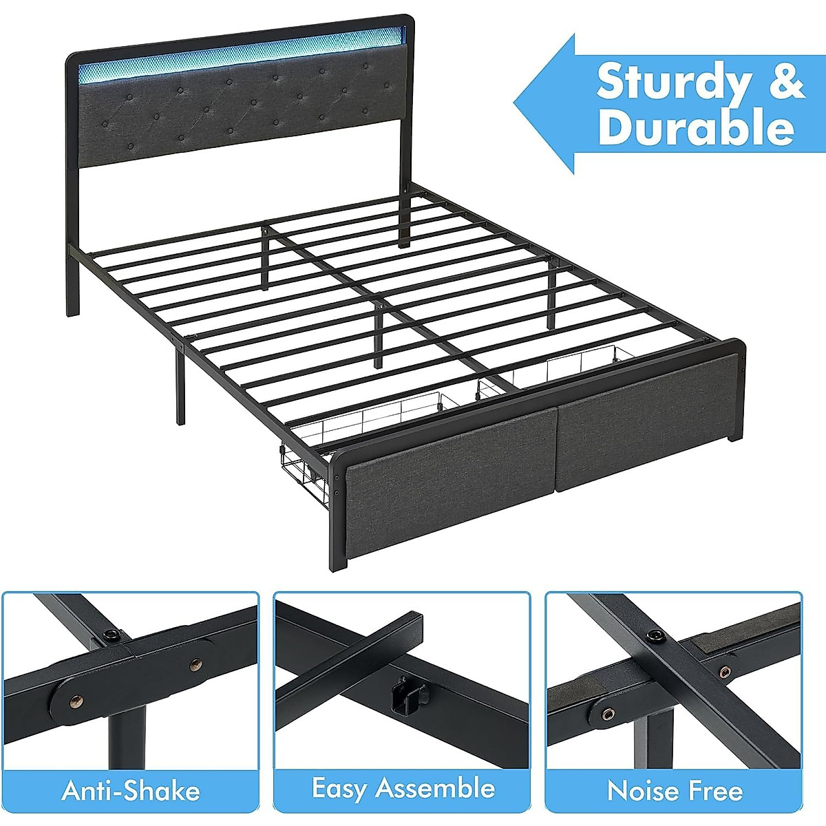 GAOMON Upholstered Bed Frame Queen with 2 Storage Drawers, Button Tufted Headboard and LED Lights, Queen Bed Frame with Mattress Foundation Strong Wooden Slats Support, No Box Spring Needed