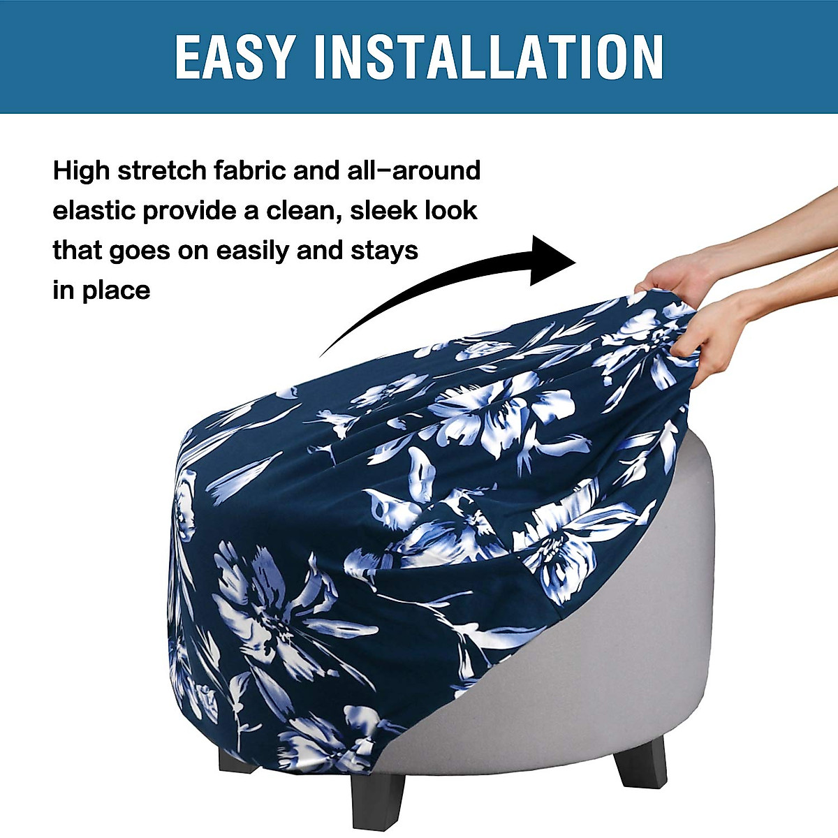 H.VERSAILTEX Super Stretch Ottoman Covers Slipcover Round Ottoman Slipcover Folding Storage Stool Furniture Protector Feature Soft Thick Bouncy Modern Style with Elastic Bottom(Ottoman X-Large, Navy)