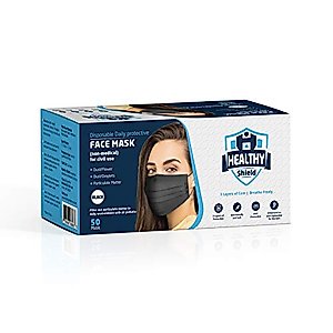 Healthy Shield 50pcs Disposable 3-Ply Safety Face Mask, Comfortable Ear Loop and Breathable, Non-Woven, Mouth Covers, Nose Clip, perfect for Adult, Men, Women, Home, Office, Indoor, Outdoor. (BLACK)
