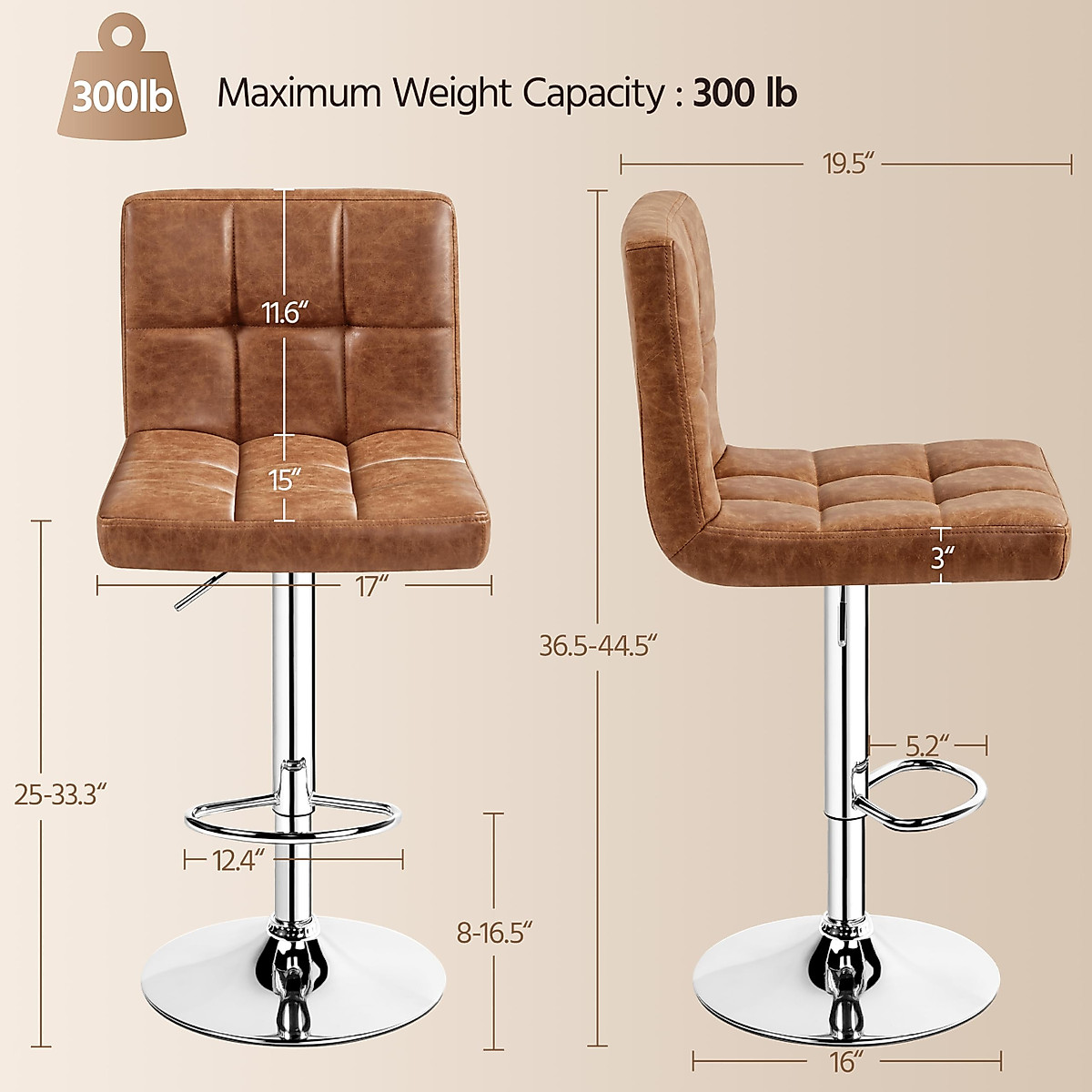 Yaheetech Bar Stools Set of 2, PU Leather Swivel Barstools, Height Adjustable Counter Chairs, Modern Stools with Back for Bar Kitchen Island Dining Room, Retro Brown