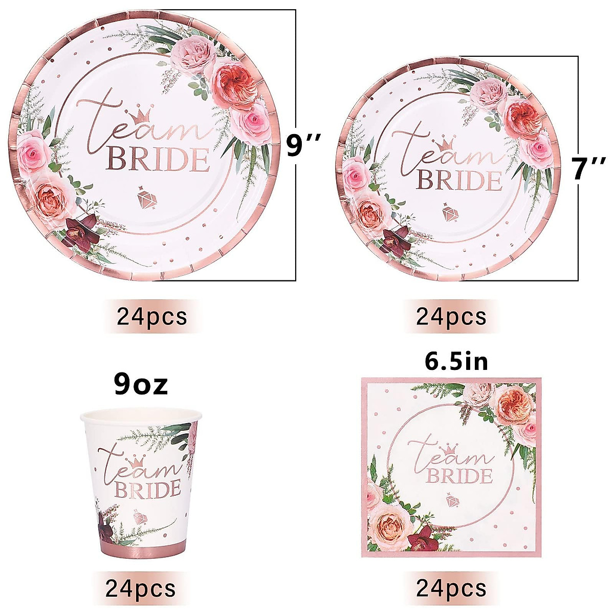 Rose and Gold Bridal Shower Party Decorations, Bridal Shower Plates and Napkins Party Supplies, Rose Paper Plates for Engagement Wedding Shower Deocr, Serves 24