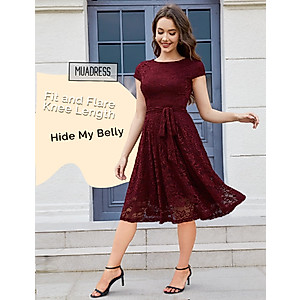 MUADRESS Women Cap-Sleeve Lace Floral Elegant Cocktail Dress Crew Neck Knee Length Bridesmaid Prom Dresses for Party Burgundy XL