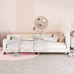 Bellemave Twin Upholstered Daybed with Carton Ears Shaped Headboard, Low Platform Bed Frame with Rails for Kids Girls Boys Teens, White