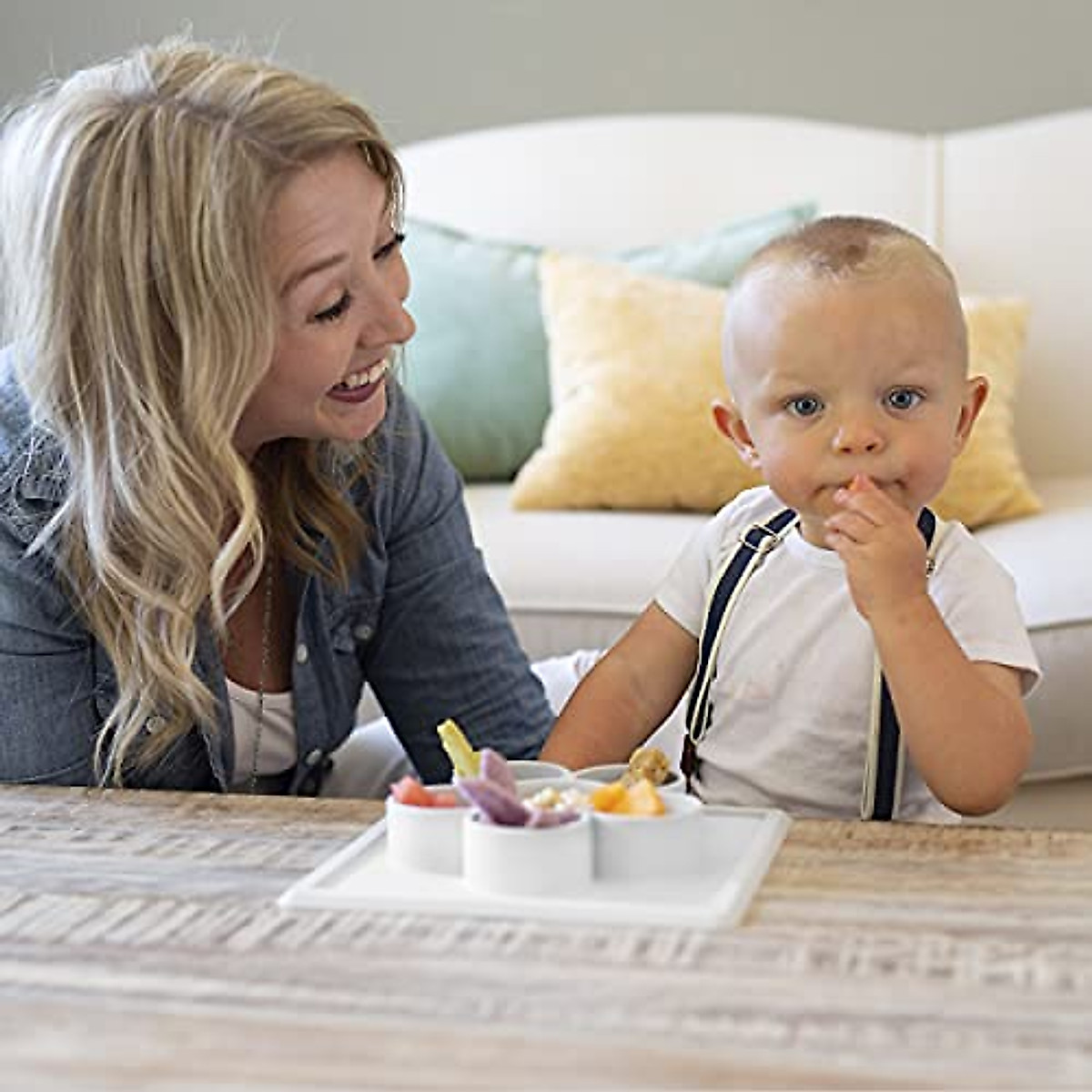 ezpz Mini Play Mat - 100% Silicone Suction Flower Plate with Built-in Placemat for Infants + Toddlers - Crafting + Snacks - Divided Plate - Dishwasher Safe (Cream)