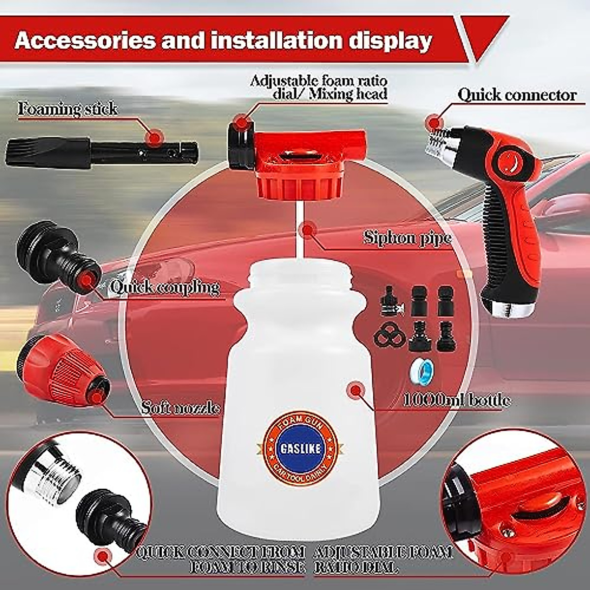 52Pcs Car Wash Cleaning Kit with Foam Gun, Car Detailing Brushes & Microfiber Wash Mitts for Car Cleaning Supplies, Adjustable Hose Wash Sprayer and Complete Interior Exterior Car Detailing Set