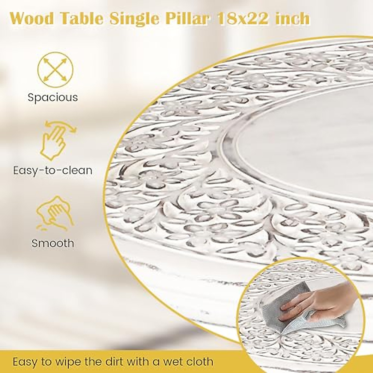 Side Table,Round End Table,Small Table,Side Tables Living Room,End Table,Round Side Table,Altar Table, Carved Side Table,Wood Accent Table,Carved Wood Table Single Pillar 18x22 inch White Antique