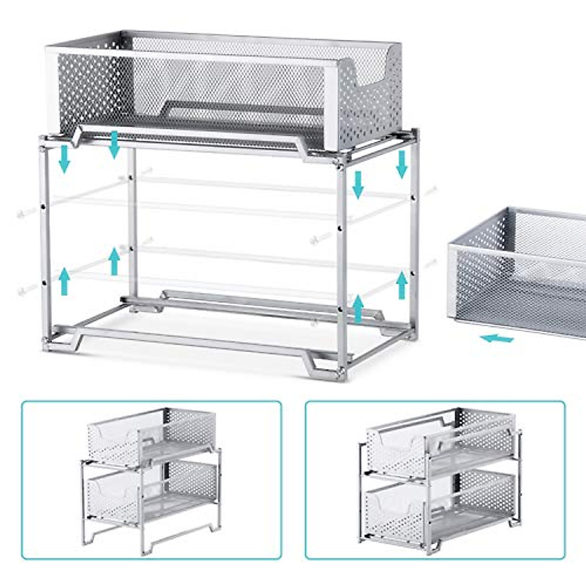 Bextsware Auledio Stackable 2 Tier Under Sink Cabinet Organizer with Sliding Storage Drawer, Silver