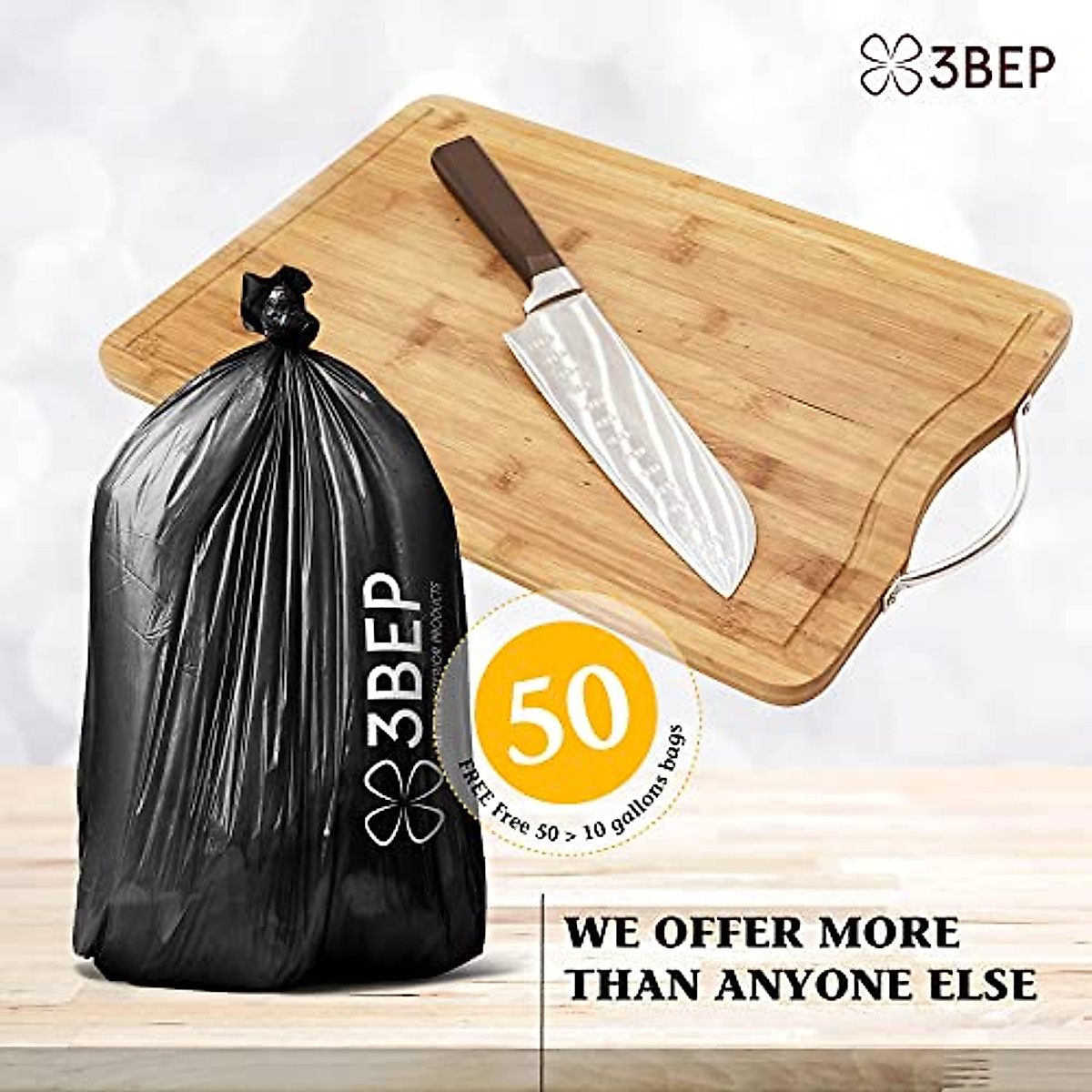 3BEP Tilt Out Trash Cabinet Bamboo Countertop |Under Counter Garbage | Pet Proof Trash Can Tilt Out Hamper, Free Bamboo Cutting Board, 50Pk 10-Gallon Trash Bags, White