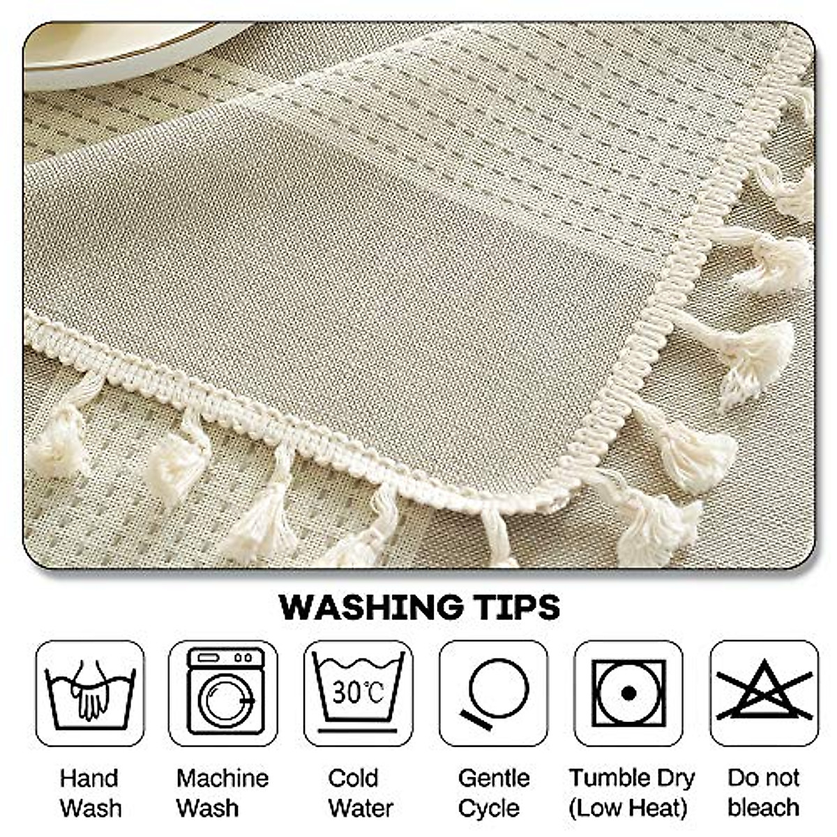 AmHoo Stitching Tassel Tablecloth Striped Table Cloth Rectangle Cotton Linen Dust-Proof Table Cover for Kitchen Dinning 54 x 70 Inch Beige
