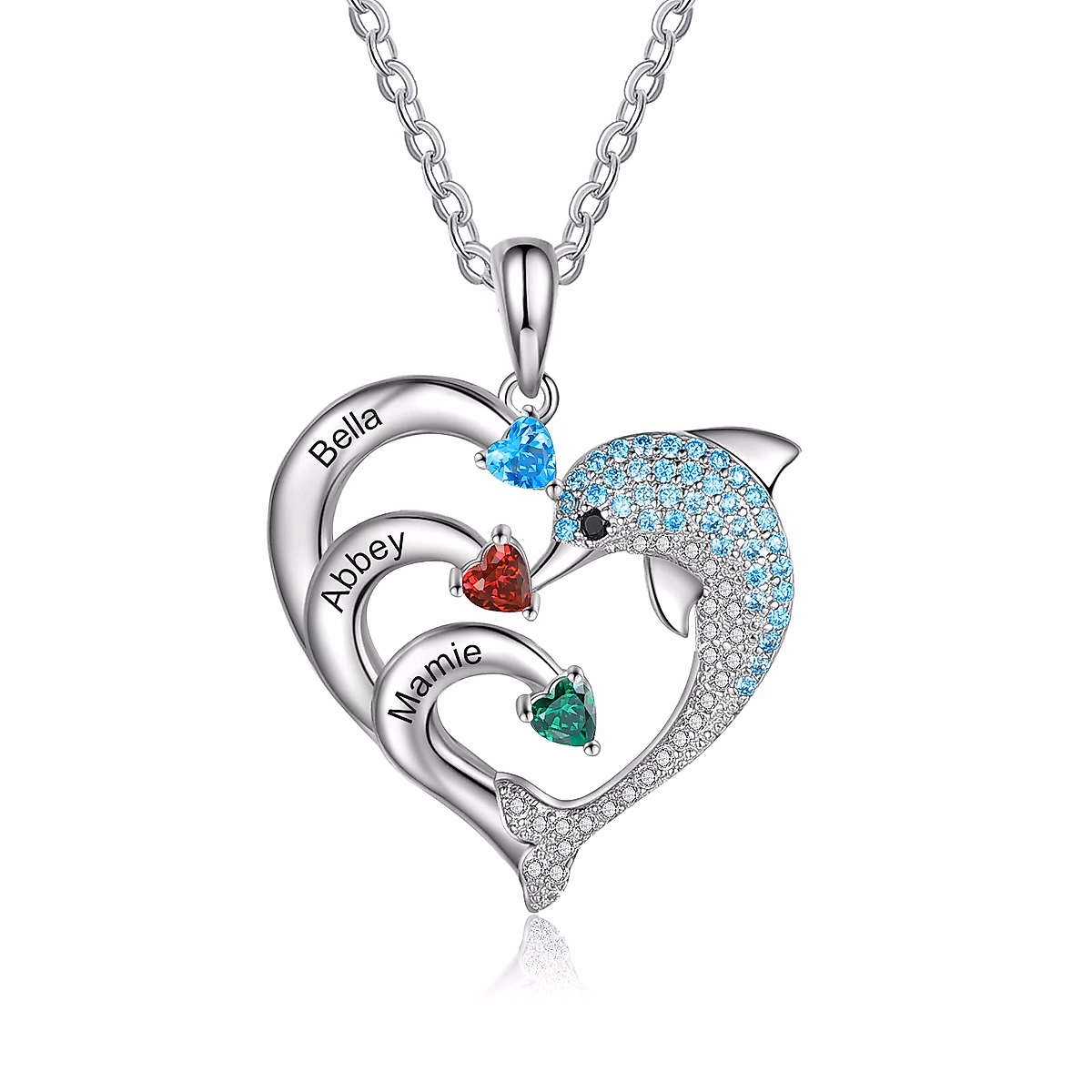JewelOra Gifts for Mom Personalized Dolphin Necklace Customized Heart Necklace with Simulated Birthstone Engraved Name Necklace Pendant for Women Mom Cute Dolphin Animal Jewelry Gift(3 name)