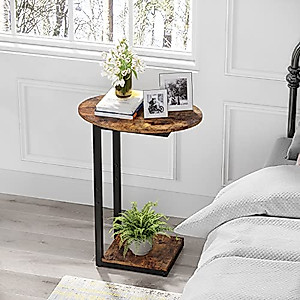 Small Side Table C Table End Table - Small Wood Coffee Table TV Tray for Eating Couch Tables That Slide Under, Modern C Shaped Side Table for Small Space, Oval Table Top Design, Rustic Brown