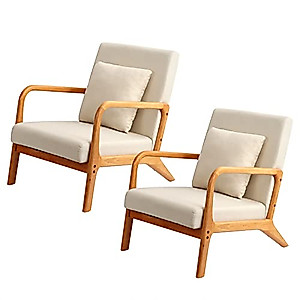 ELUCHANG Mid-Century Modern Chair,Accent Chair with Lumbar Pillow,Upholstered Armchair,Linen Fabric Comfy Reading Chair, Lounge Side Chair for Living Room Bedroom Apartment,Easy Assembly(Beige,2pcs)