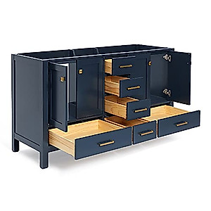 DKB Beckford Double Bathroom Vanity Base Cabinet 60" Midnight Blue, Double Sink Configuration, 4 Soft Closing Doors, 6 Full Extension Dovetail Drawers, Brushed Nickel