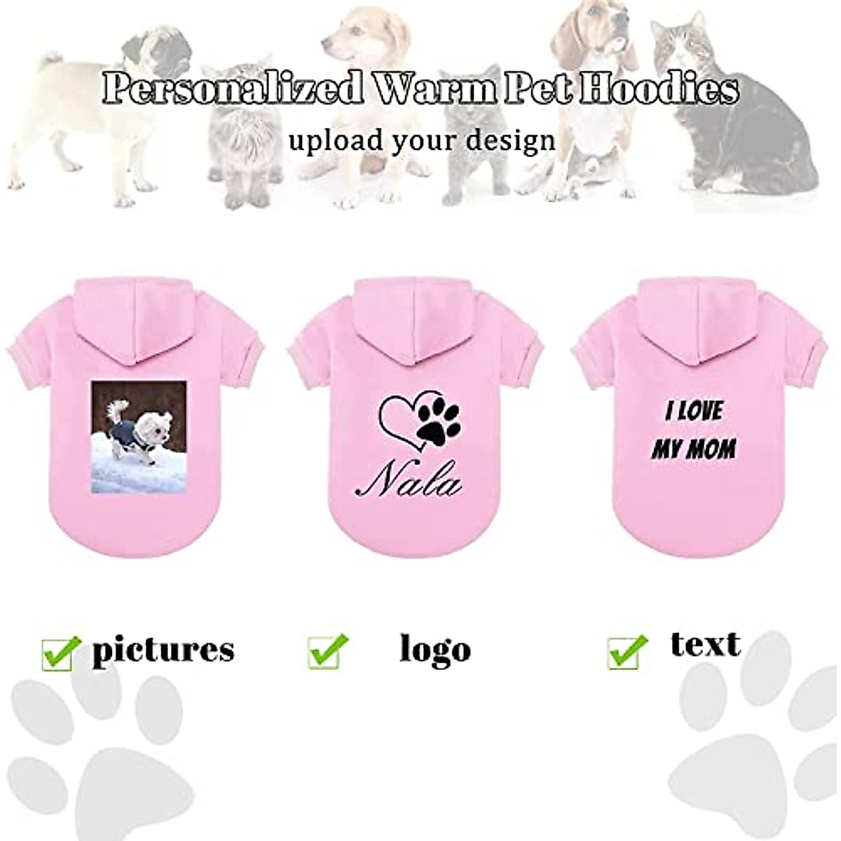 Custom Dog Hoodies with Name Photo Personalized Pet Warm Sweater Hoodies for Small Medium Dogs & Cat Puppy (Pink)