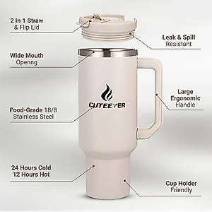Cuteever Insulated Cup 40 oz Tumbler with Handle and Straw- Stainless Steel Water Bottle - Spill Proof Tumbler with Straw & Tumbler Accessories for Smoothie, Water, Iced Tea, or Coffee - Almond Color.