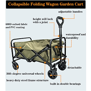 330lbs Collapsible Folding Wagon Cart Heavy Duty Outdoor Utility Wagon Beach Wagon Grocery Wagon Camping Portable Garden Wagon Cart with All-Terrain Wheels(Green)