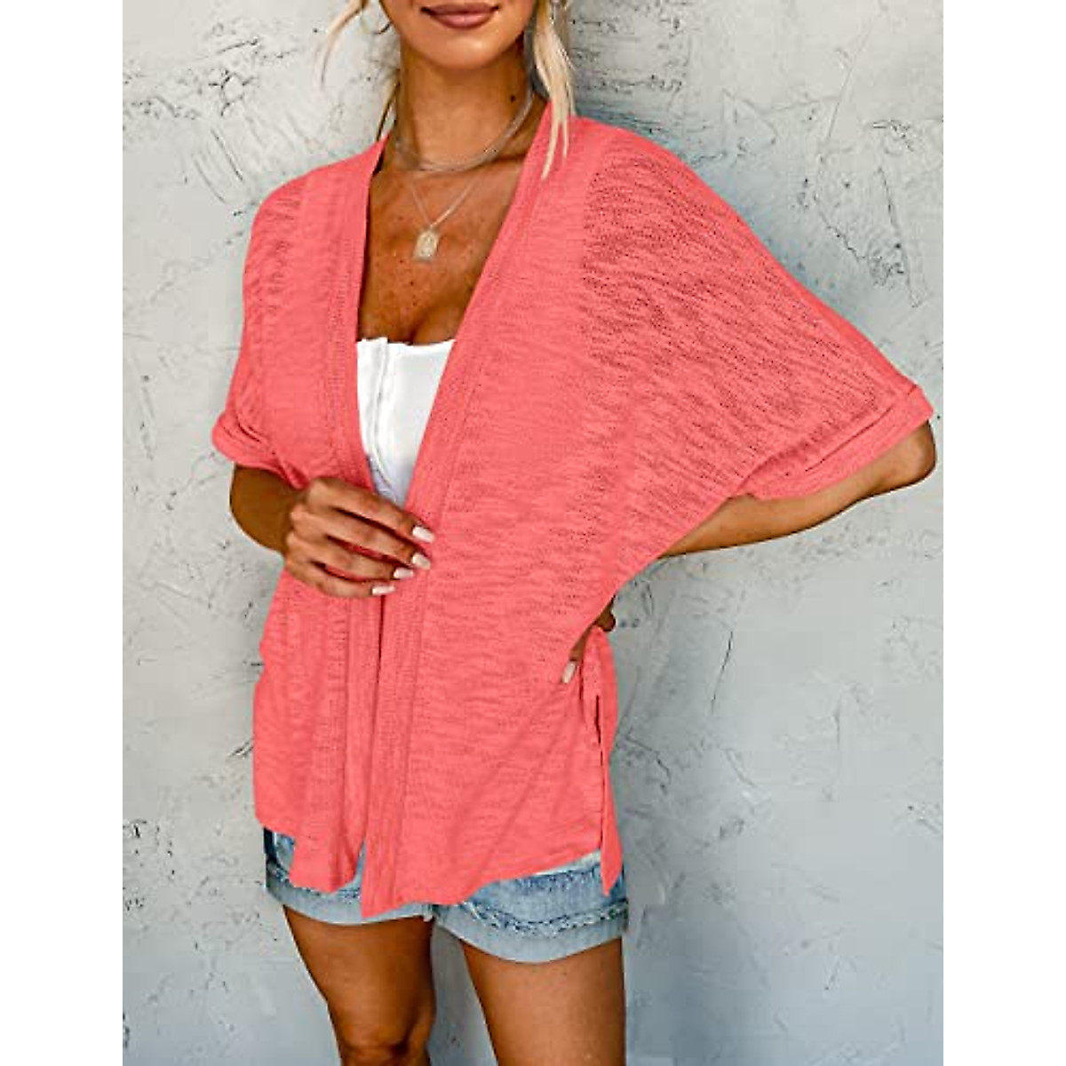 MEROKEETY Womens 2023 Summer Lightweight Cardigan Short Sleeve Open Front Casual Loose Cover Ups,Coral,XXL