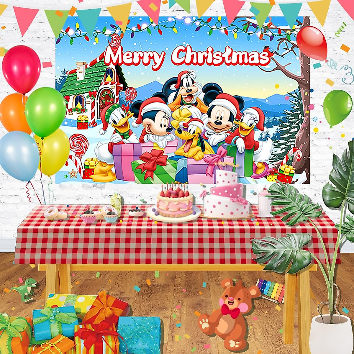 Merry Christmas Backdrop for Mickey Mouse Christmas Party Decorations Christmas House Background for Party Cake Table Decorations Xmas Theme Banner 5x3ft