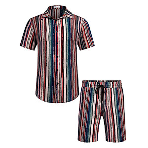 COOFANDY Men's Vertical Striped Shirt Short Sleeve Button Up Hawaiian Shirt Set Summer Beach 2 Piece Short Set
