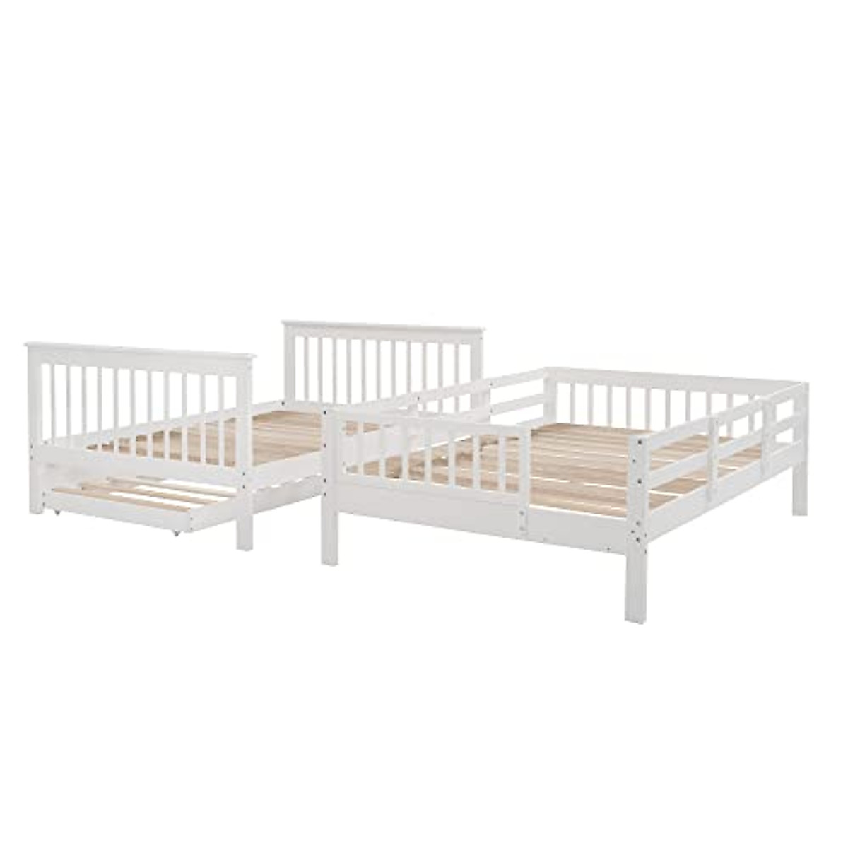 Full Over Full Bunk Bed with Trundle, Wood Full Bunk Bed with Storage Shelves, Full Over Full Bunk Bed Frame with Guardrails and Stairs for Kids Teens Adults, Can be Convertible into 2 Beds, White