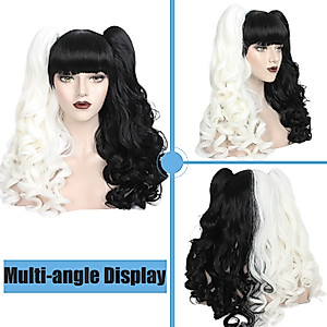 WeKen Long Curly Cosplay Wig with Pigtails Lolita Detachable Ponytail Wig for Women Girls Halloween Costume Party (Black and White)