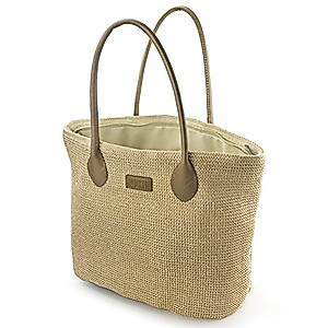 HOXIS Weekender Lightweight Synthetic Straw Shopper Tote Womens Shoulder Handbag (Tan)
