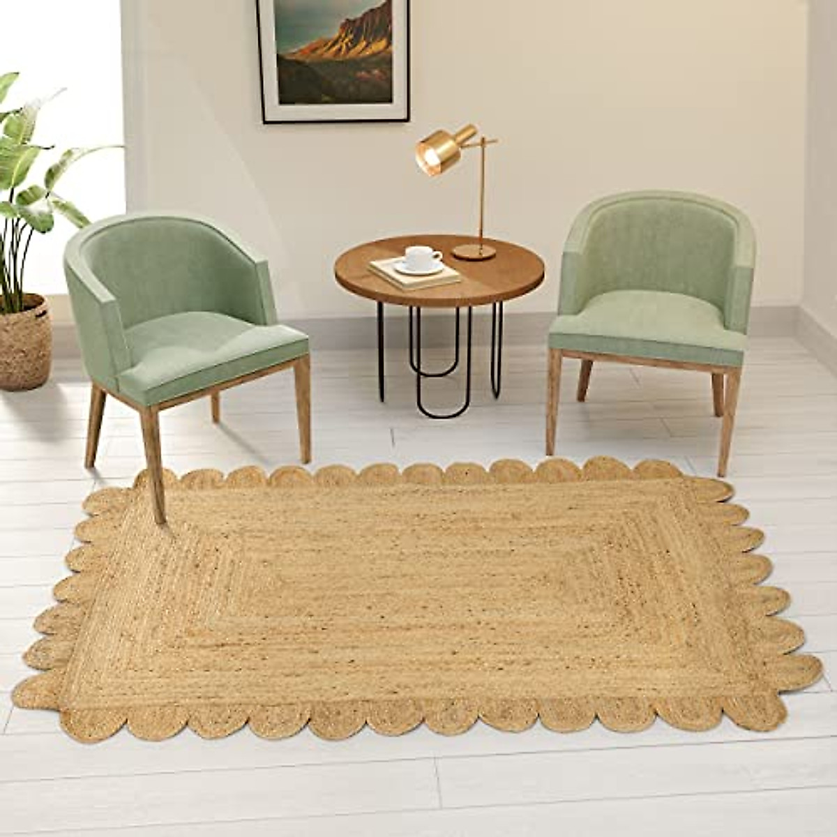 GRUHUM Scalloped Jute Area Rug 4&#039;x6&#039; ft Natural Fibre Rectangular Handwoven Boho Reversible Farmhouse Soft Braided Rustic Vintage Rug Indoor Outdoor Livingroom Bedroom Kitchen Hallways Enterways