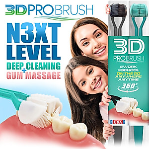 3D Pro Brush | 3-Sided Toothbrush | 3X Clean Two-Pack | 360 Gum Massage Triple Deep Clean Ultra Soft Replacement Heads Tongue Scraper Sustainable Sensory Gift Oral Health Care Travel Three Made in USA