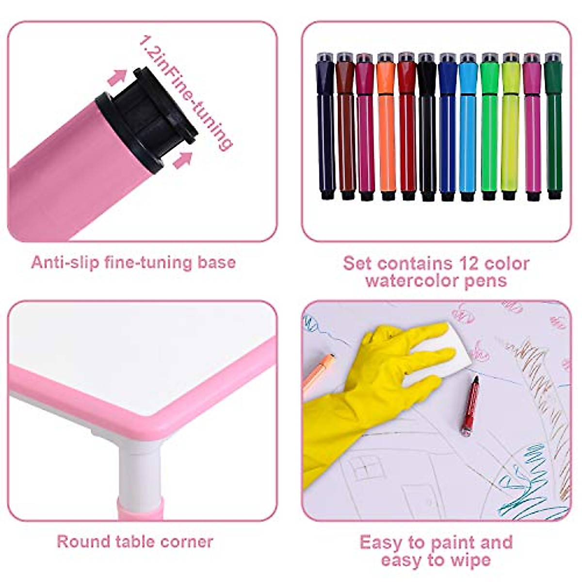 Kids Study Table and Chair Set with 2 Seats Height Adjustable Children’s Painting Drawing Desk Easy to Clean Assemble Max Load-Bearing 330lb Plastic Toddler Table and Chair Set for School Home Pink