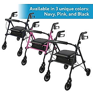 Carex Step 'N Rest Aluminum Rolling Walker For Seniors, Pink - Rollator Walker With Seat - With Back Support, 6 Inch Wheels, 250lbs Support, Lightweight