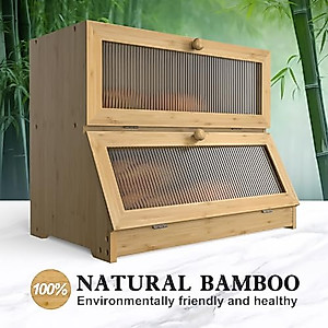 LOHASOK Double Layer Bamboo Bread Box for Kitchen Counter-Large Capacity Bread Storage Container Farmhouse Bread Box with Window Bread Holder… (Natural Bamboo)