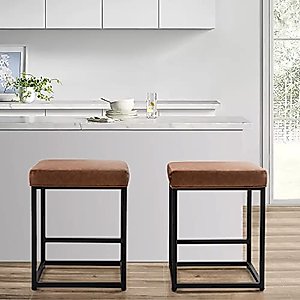 Kemon 24 Inch Bar Stools Set of 2 Modern PU Leather Metal Barstool Backless Kitchen Dining Cafe Stool Counter Height Upholstered Bar Stool with Footrest，Brown