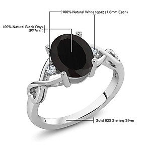 Gem Stone King 925 Sterling Silver Black Onyx and White Topaz Engagement Ring For Women (2.05 Cttw, Oval 9X7MM, Gemstone Birthstone, Available In Size 5, 6, 7, 8, 9)