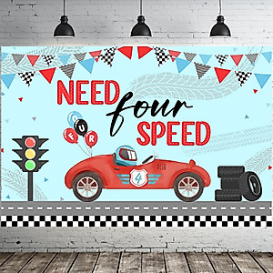 Wonmelody Race Car 4th Birthday Party Backdrop Need Four Speed Backdrop Banner Race Car 4th Birthday Decorations Red Blue Race Car Vintage Photography Background Photo Banner Supplies for 4th Boys
