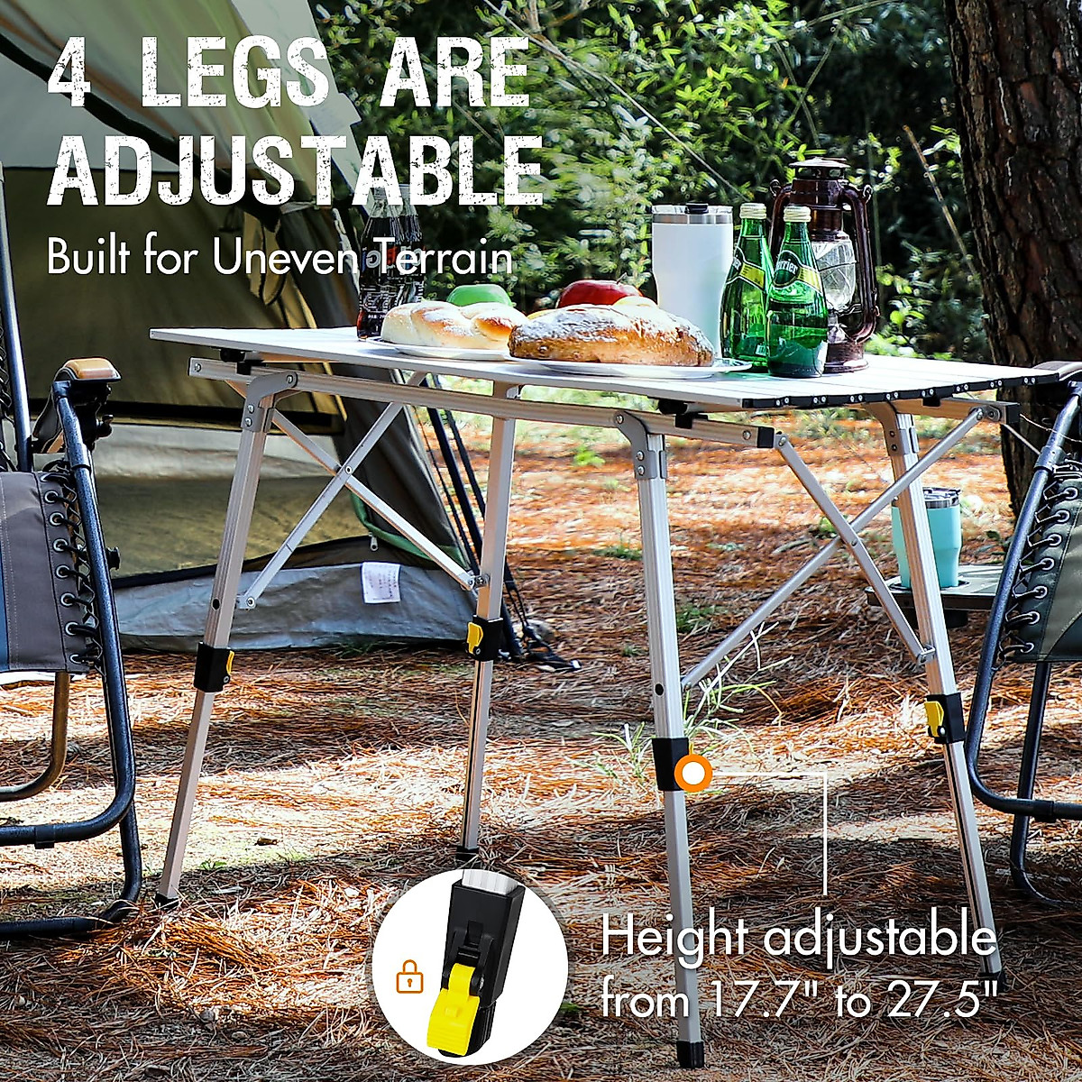 PORTAL Camping Table Portable Foldable with Adjustable Legs, Aluminum Folding Table Roll Up Table with Carrying Bag for Outdoor, Beach, Picnic, Backyards, BBQ and Party, Silver, Big