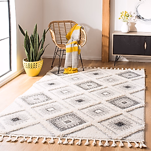 SAFAVIEH Moroccan Tassel Shag Collection Area Rug - 5'3" x 7'6", Ivory & Grey, Boho Design, Non-Shedding & Easy Care, 2-inch Thick Ideal for High Traffic Areas in Living Room, Bedroom (MTS601F)