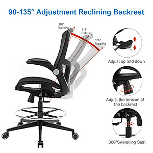 Office Drafting Chair,Ergonomic Tall Office Desk Chair,Adjustable Standing Desk Stool Chair,Executive Computer Chair with Footrest Ring and Lumbar Support (Black)