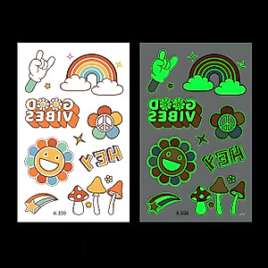 Finduat Glow In The Dark Groovy 70s Temporary Tattoos Stickers Kids Waterproof Luminous Tattoo Stickers Hippie Theme Birthday Party Supplies, Good Vibes Only Favors, Rainbow Arts and Crafts