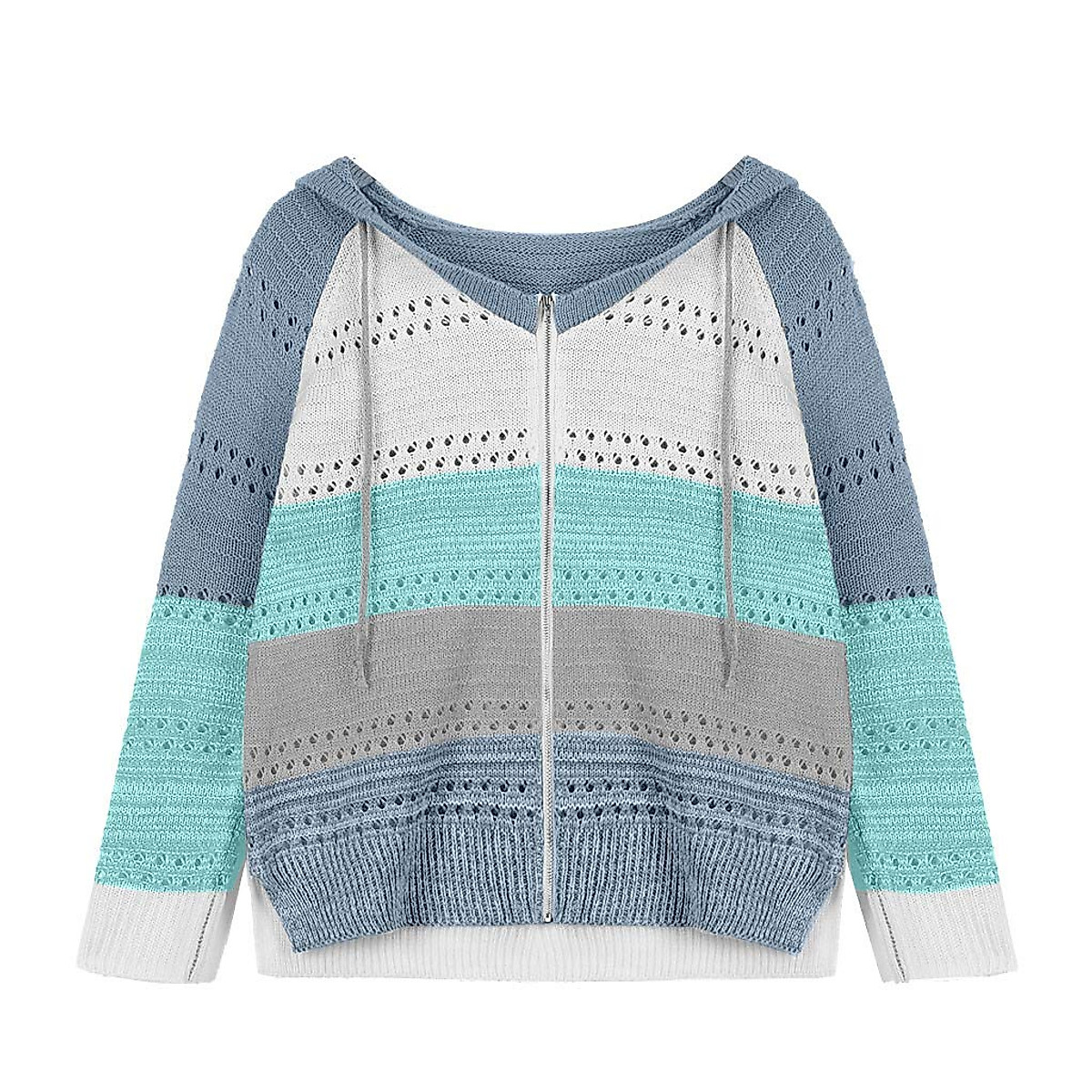 LATINDAY Women's Color Block Hoodie Striped Sweater Lightweight V Neck Knit Pullover Sweatshirts Sky Blue