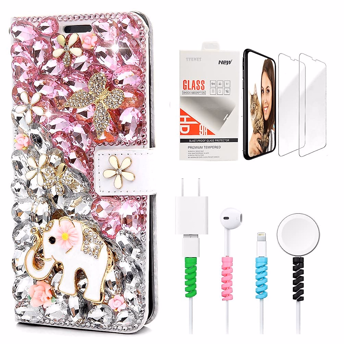 STENES Bling Wallet Phone Case Compatible with Samsung Galaxy S23 - Stylish - 3D Handmade Crystal Elephant Butterfly Flower Leather Cover with Screen Protector & Cable Protector - Pink