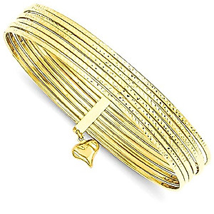 IceCarats 14K Yellow Gold Dangling Heart Love Set of 7 Slip On Bangle Bracelet