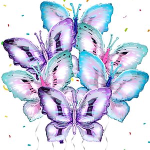 Butterfly Birthday Decorations, 6Pcs 40Inch Large Beautiful Butterfly Foil Mylar Balloons Butterfly Themed Birthday Party Decors for Girls, Baby Shower Decorations (Pink/Blue/Purple)