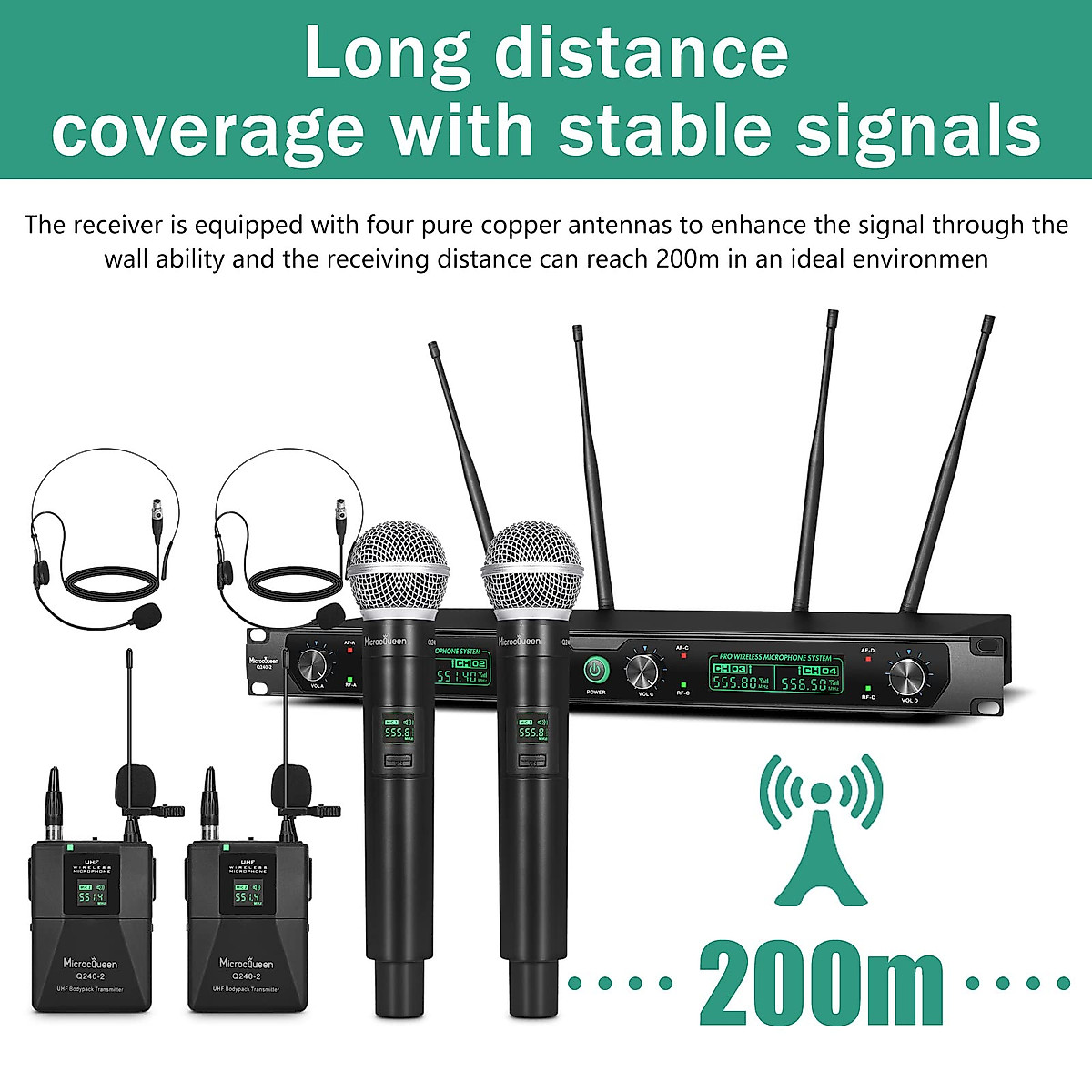 MicrocQueen Wireless Microphone System, 4-Channel UHF Professional Mic, Automatically Pair Metal Cordless Mic with 2 Handheld and 2 Bodypack, 400ft Range, for Singing, Karaoke, Party, Wedding, Concert