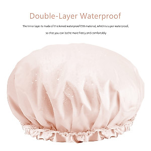 Auban Extra Large Shower Cap, Bowknot Double Layer Reusable Bath Hair Caps With Silky Satin for Women Beauty Bathing, Hair Spa, Home Hotel Travel Use (Beige)